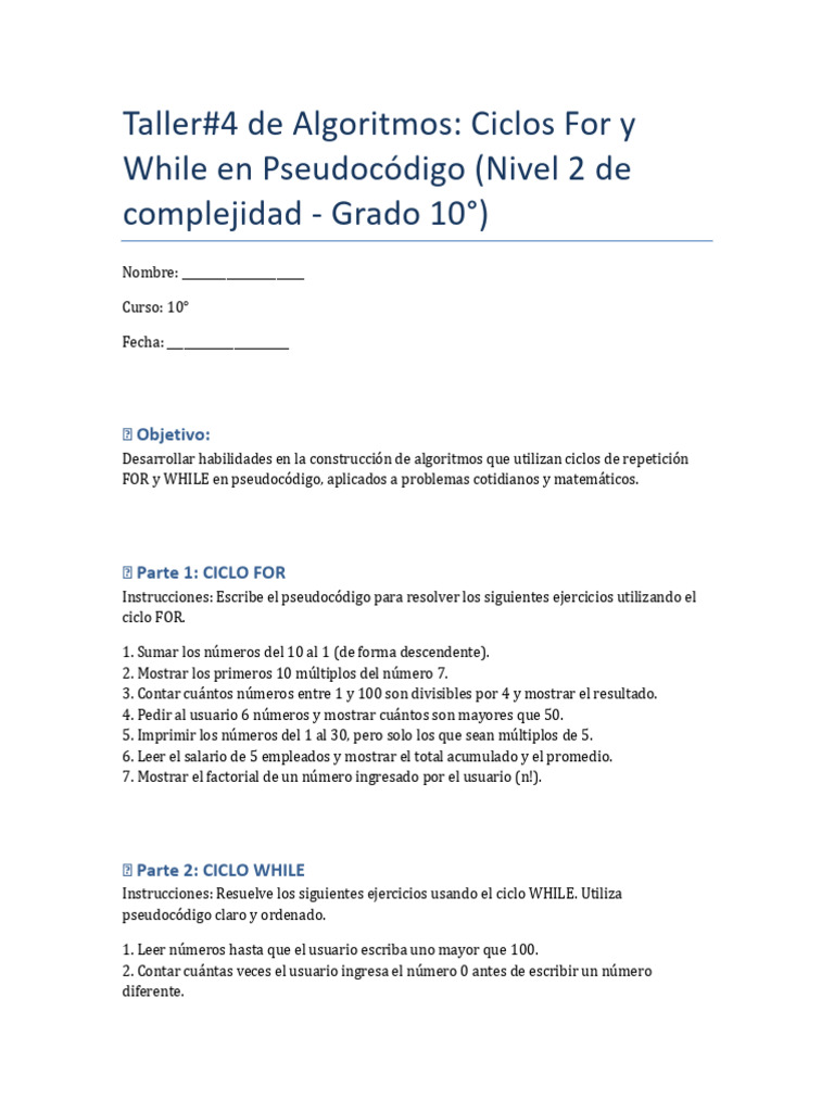 Taller4 Ciclos for While Grado10- Final | PDF