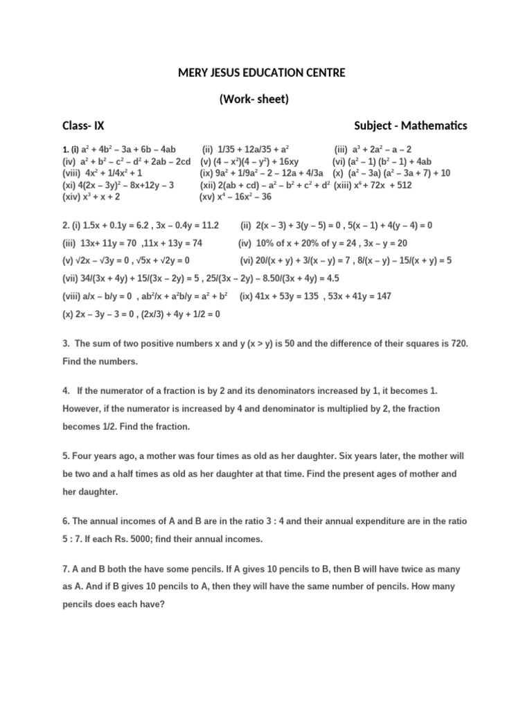 Class IX Mathematics Worksheet | PDF | Mathematics | Elementary Mathematics