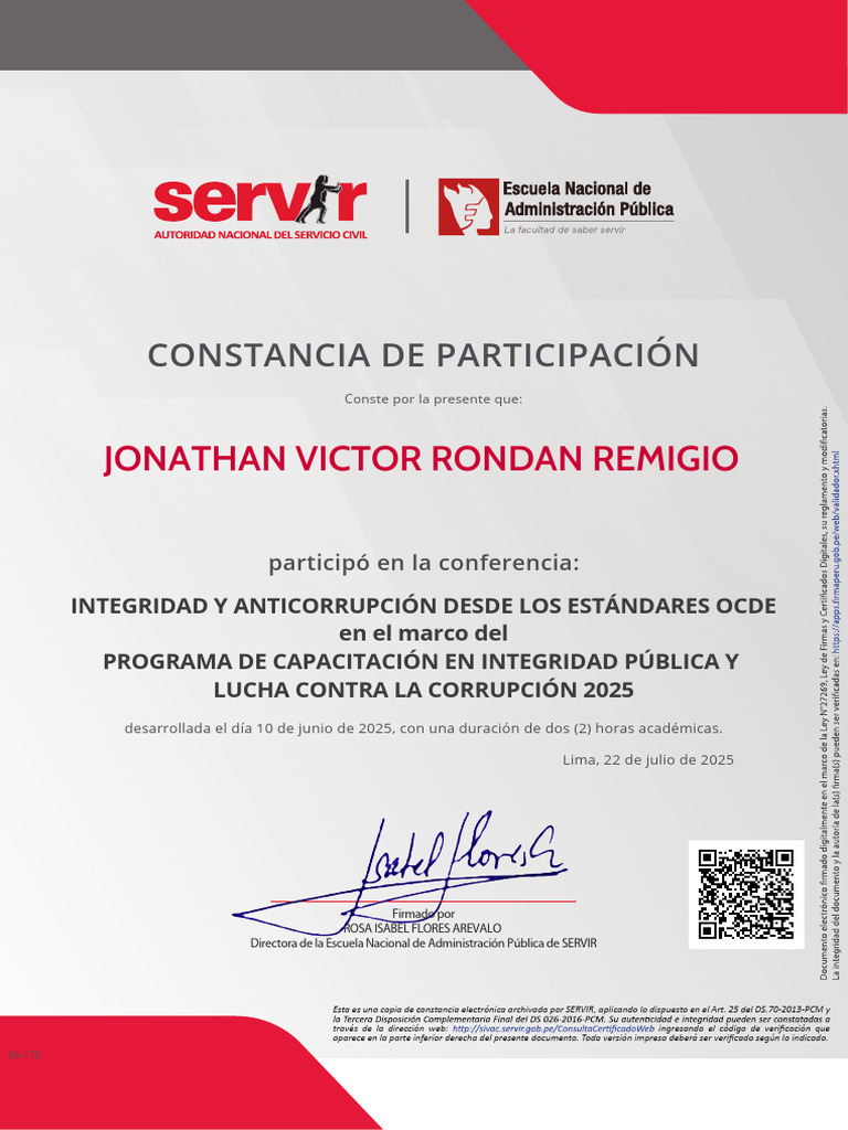 Jonathan Victor Rondan Remigio: Constancia de Participación | PDF
