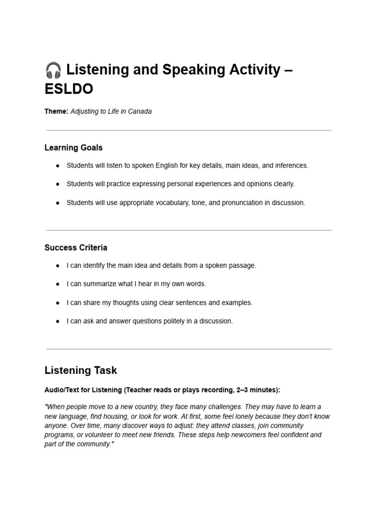 ? Listening and Speaking Activity - ESLDO | PDF | Applied Linguistics ...