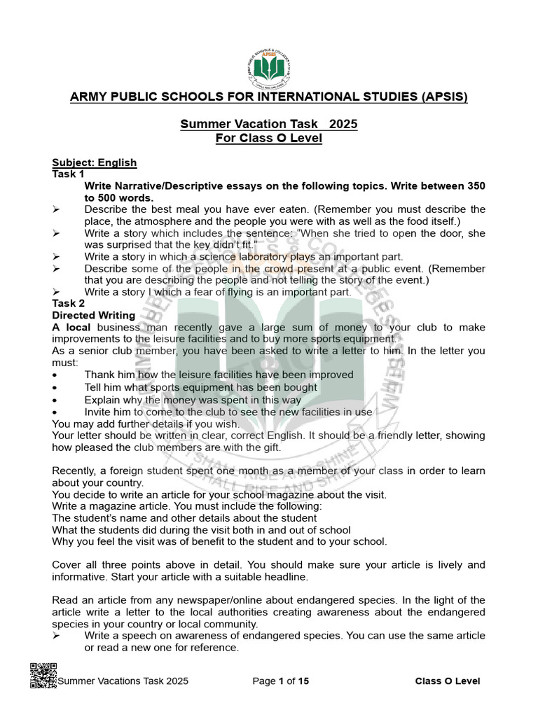 Class O LVL - Summer Vacations Task - 2025 | PDF | Area | Volume