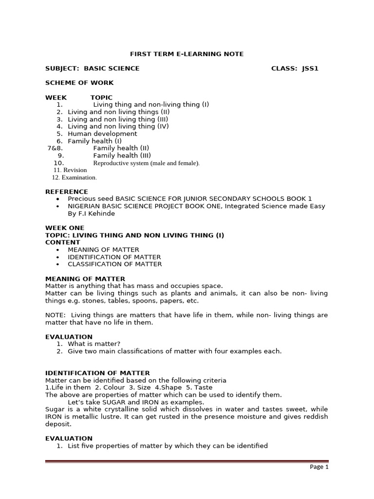 Jss One Basic Science 1 St Term | PDF | Reproductive System | Sexual Reproduction