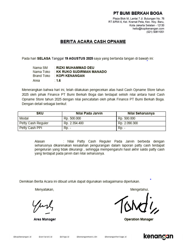 Laporan Cash Opname Toko Kopi Kenangan | PDF