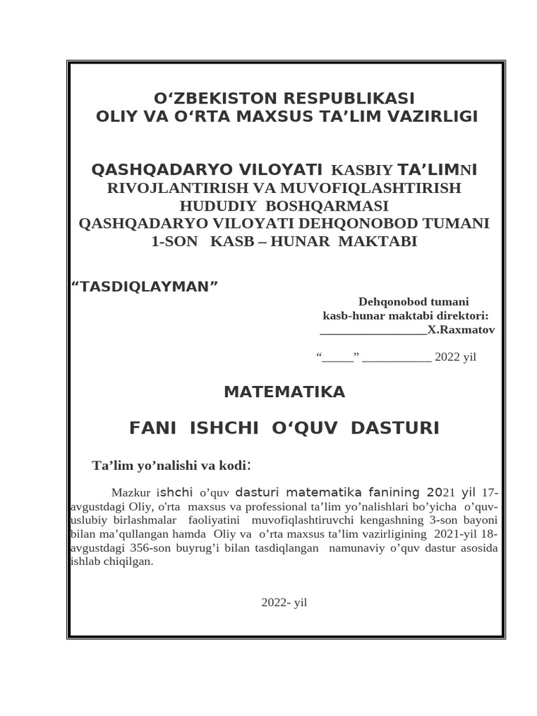 Matematika Ishchi Dastur 222 | PDF