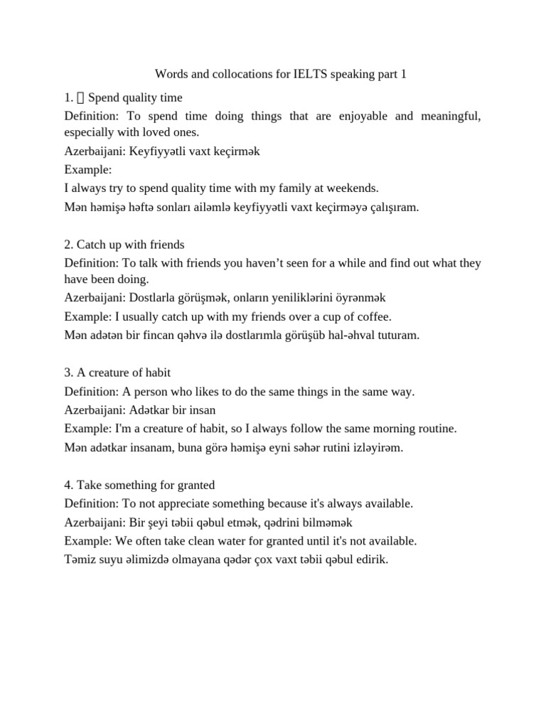 Words and Collocations For IELTS Speaking Part 1 | PDF