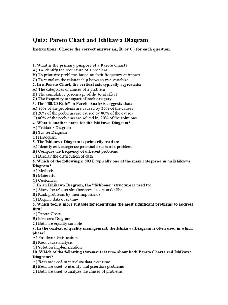 Pareto Chart & Ishikawa Quiz Guide | PDF