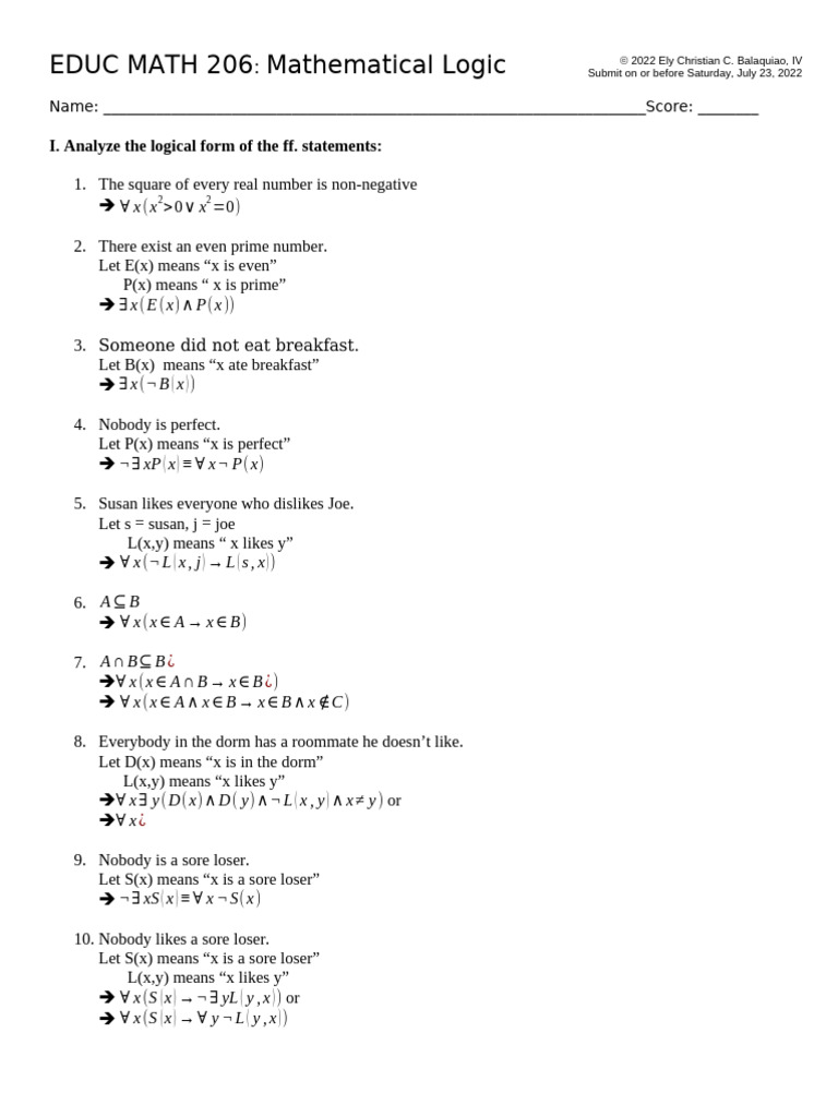 Mathematical Logic Analysis Exercises | PDF | Logic | Mathematical Logic