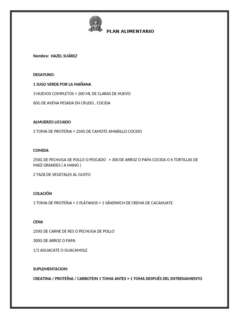 PLAN ALIMENTARIO HAZEL SUÁREZ SEP 25 | PDF