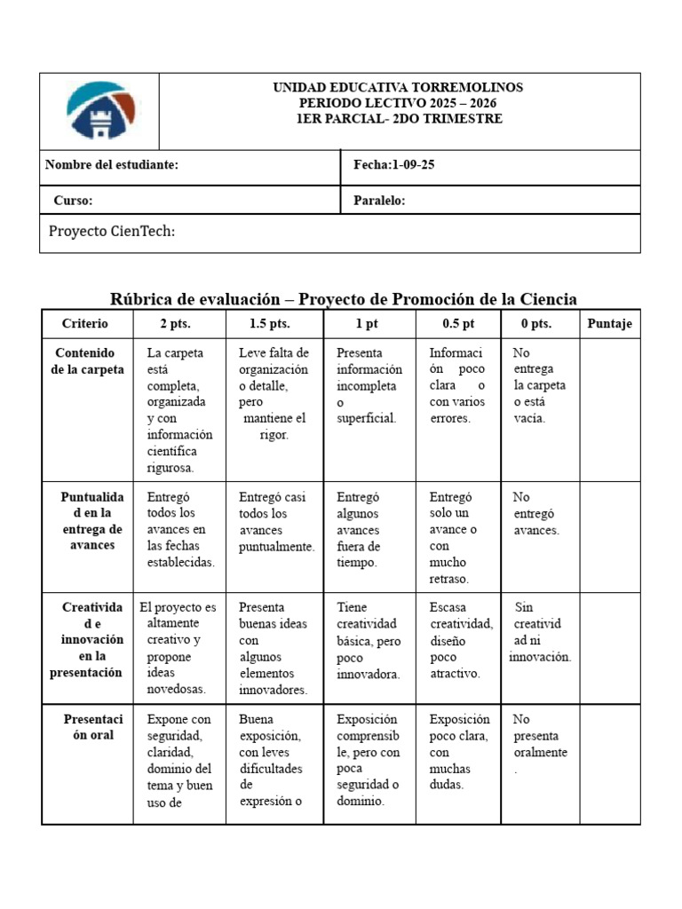 Rúbrica de Evaluación Proyecto CienTech | PDF