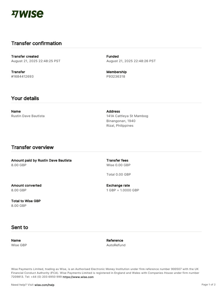 Wise Transfer Confirmation Transfer 1684412693 6120858042 en | PDF