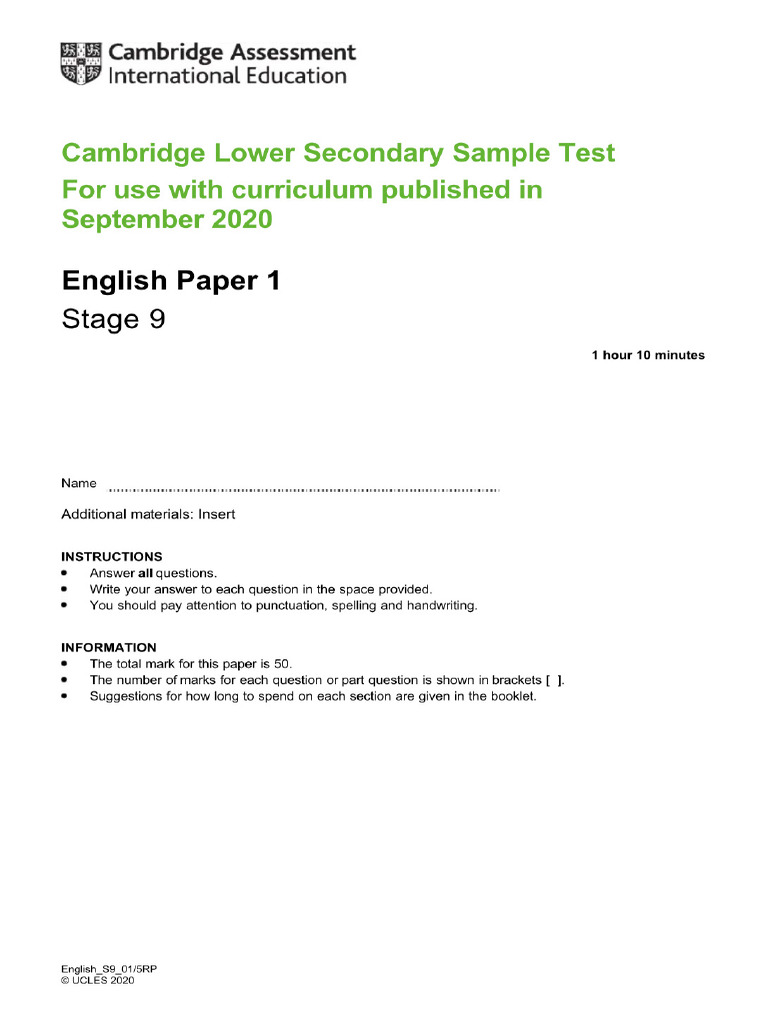 English Paper 1 2020 Pdf