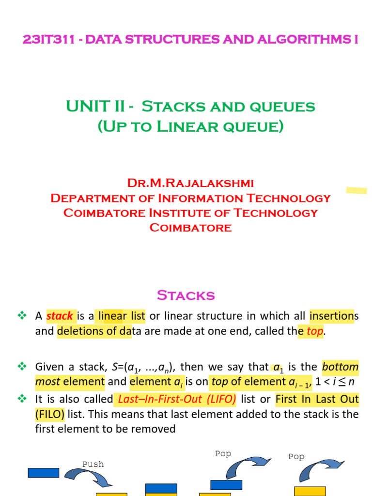 UNIT II - Stacks and Queues (Upt To Linear Queue) 28.7.2025 | PDF ...