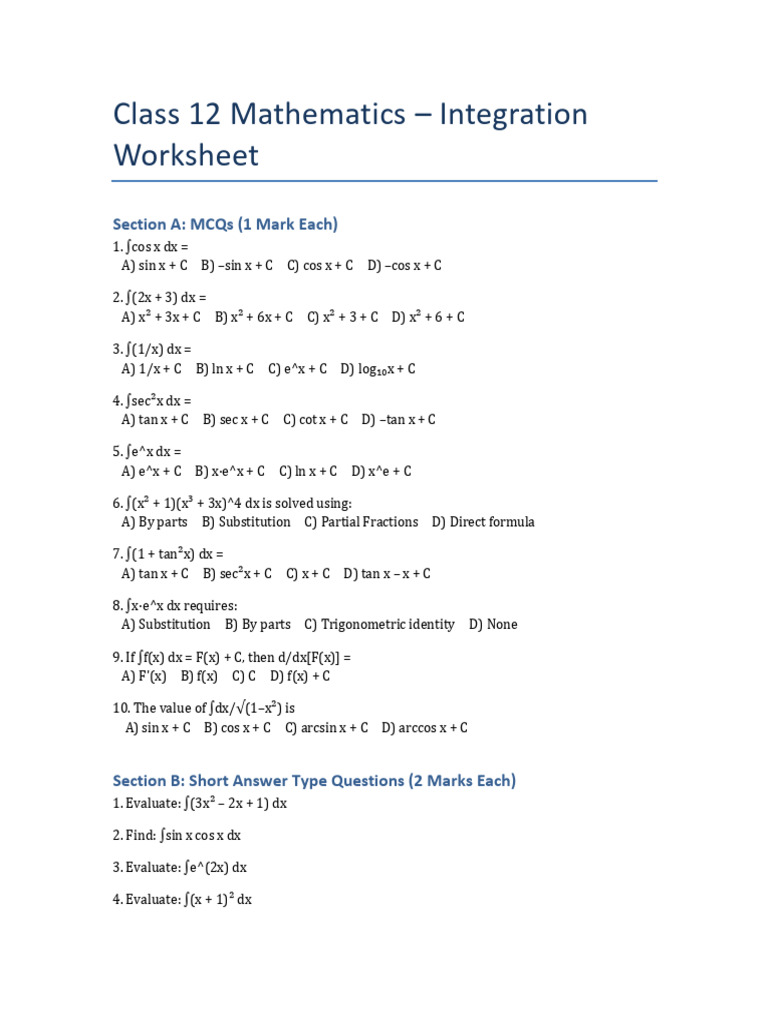 Class 12 Integration Worksheet | PDF