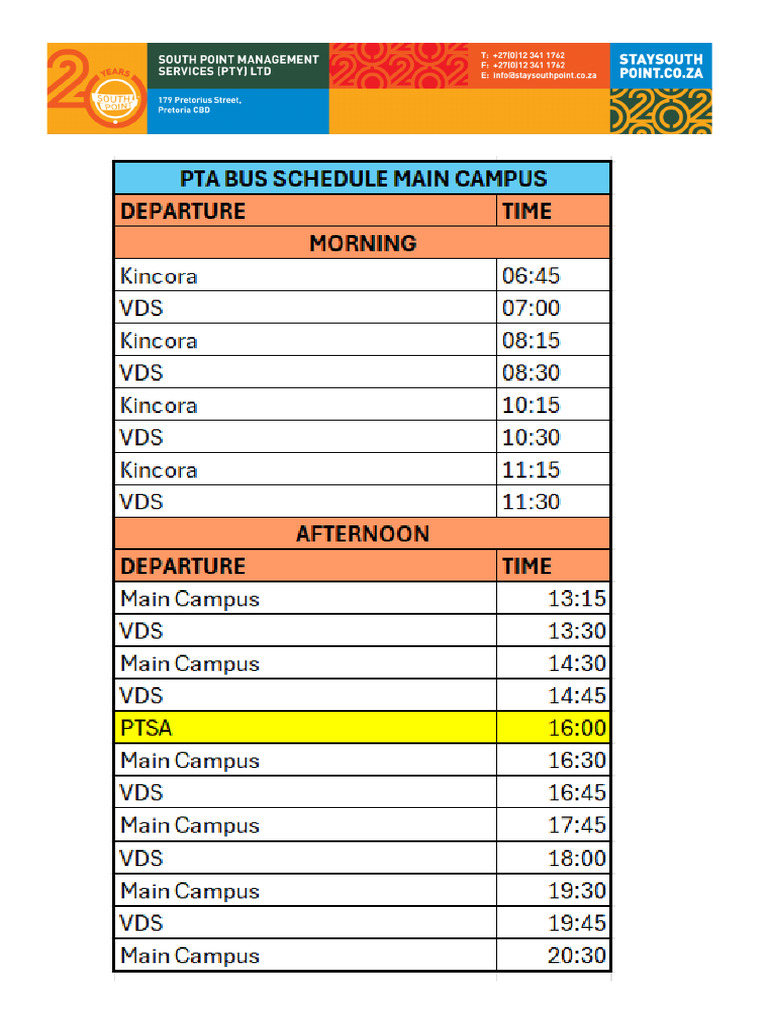 PTA Bus Schedule | PDF