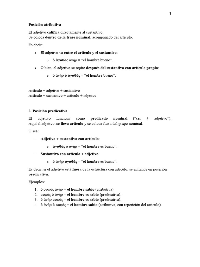 Uso del Adjetivo en Griego: Atributivo y Predicativo | PDF | Adjetivo ...