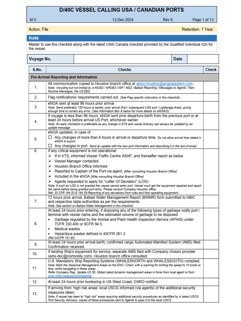 Vessel Checklist for USA/Canada Ports | PDF | Clean Water Act