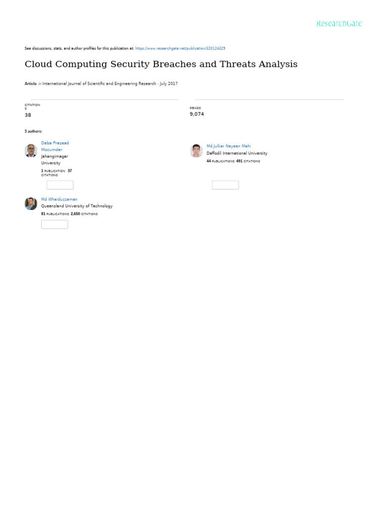 Cloud Computing Security Breaches and Threats Analysis | PDF | Cloud Computing | Security