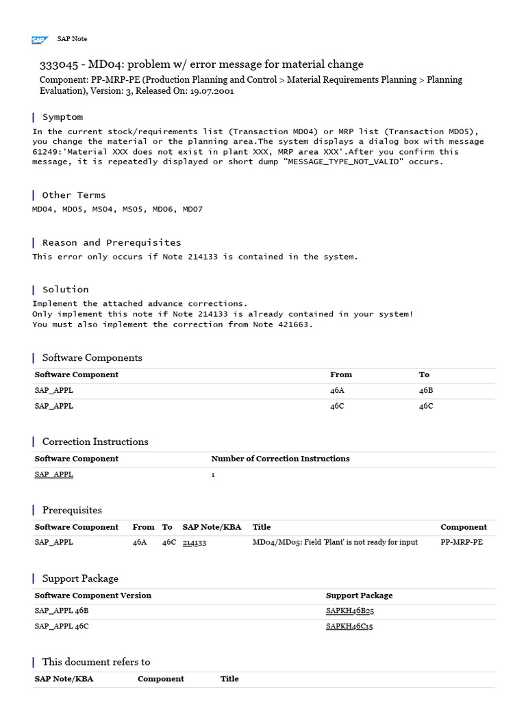 MD04 Error Fix for Material Change | PDF
