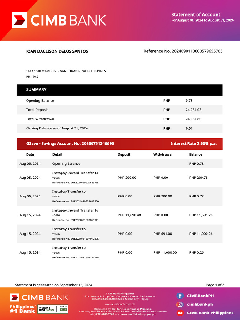 August 2024 Account Statement Summary | PDF | Numismatics | Philippines