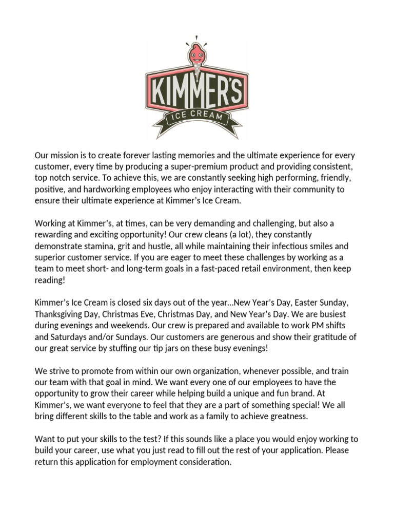 Kimmer's Ice Cream Application + Questionnaire - MZQXNJ 2 | PDF