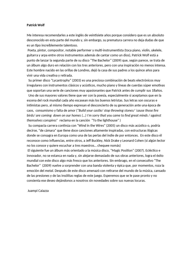 Patrick Wolf | PDF | Industria de la música