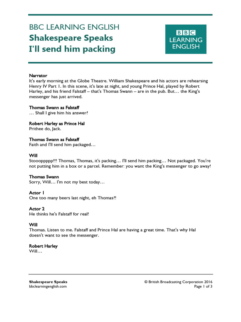 Shakespeare's "Send Him Packing" Explained | PDF | Henry Iv, Part 1