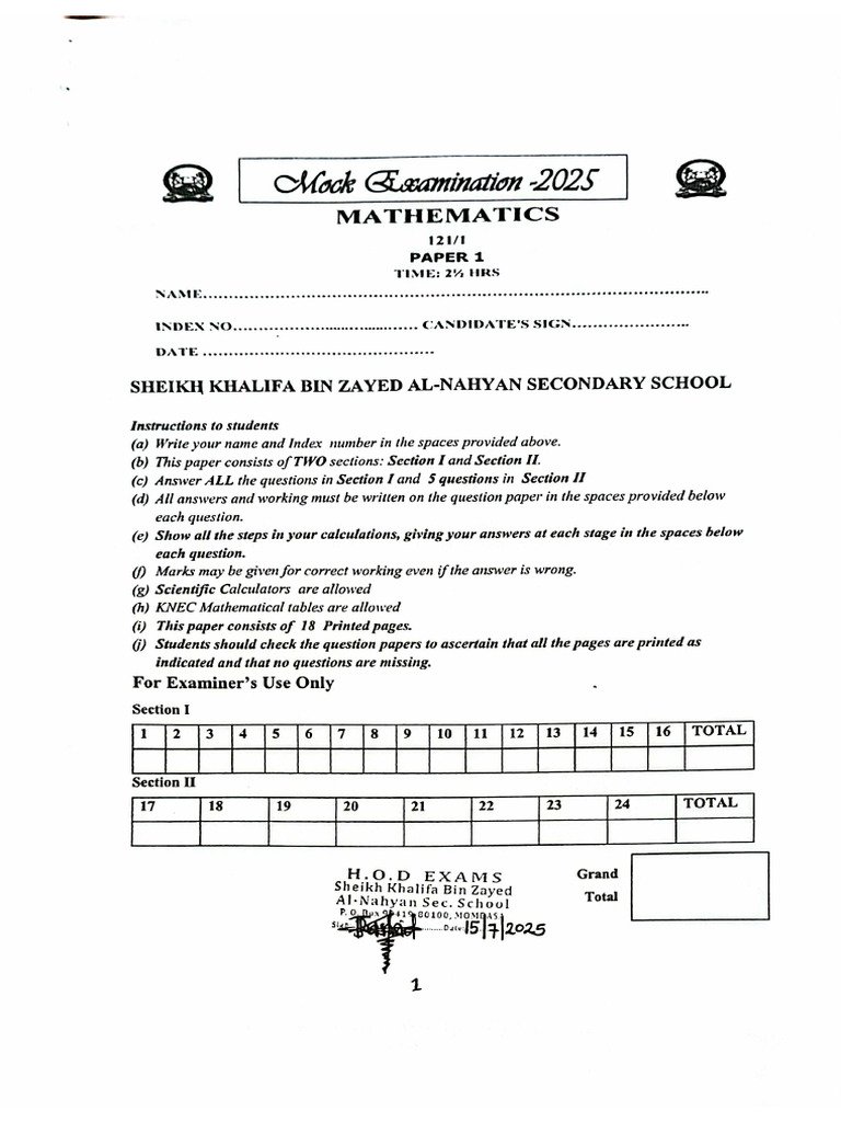 Mock SKHS 2025 MATHS PPR 1 | PDF