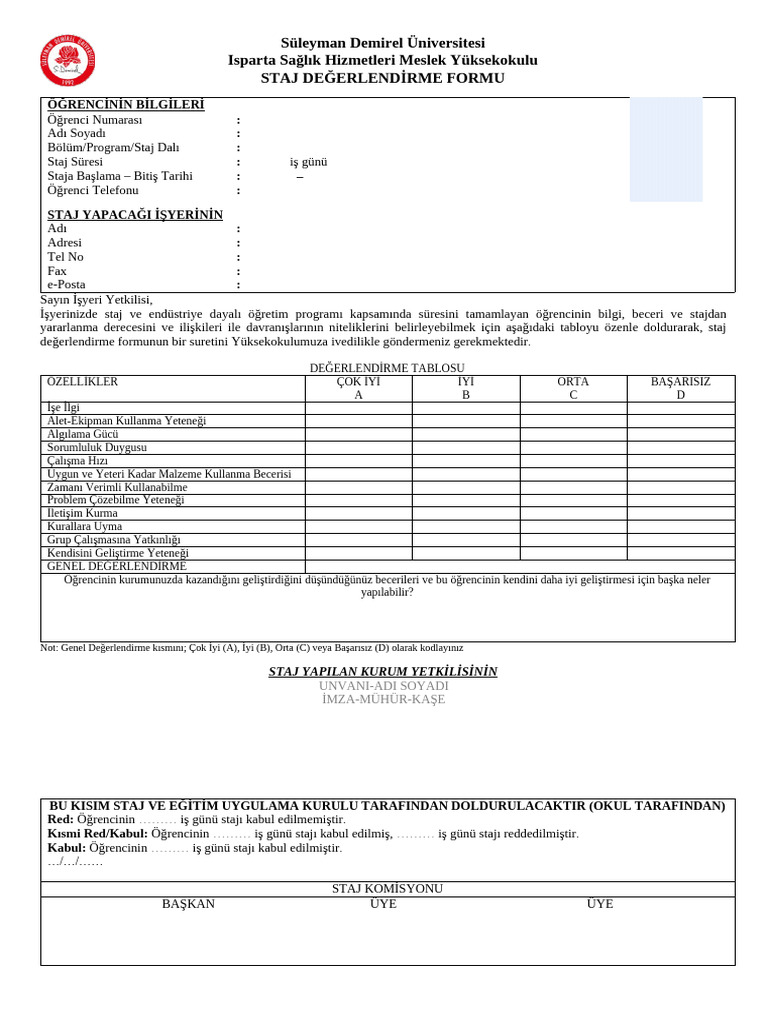 Staj Degerlendirme Formu 08072021 | PDF