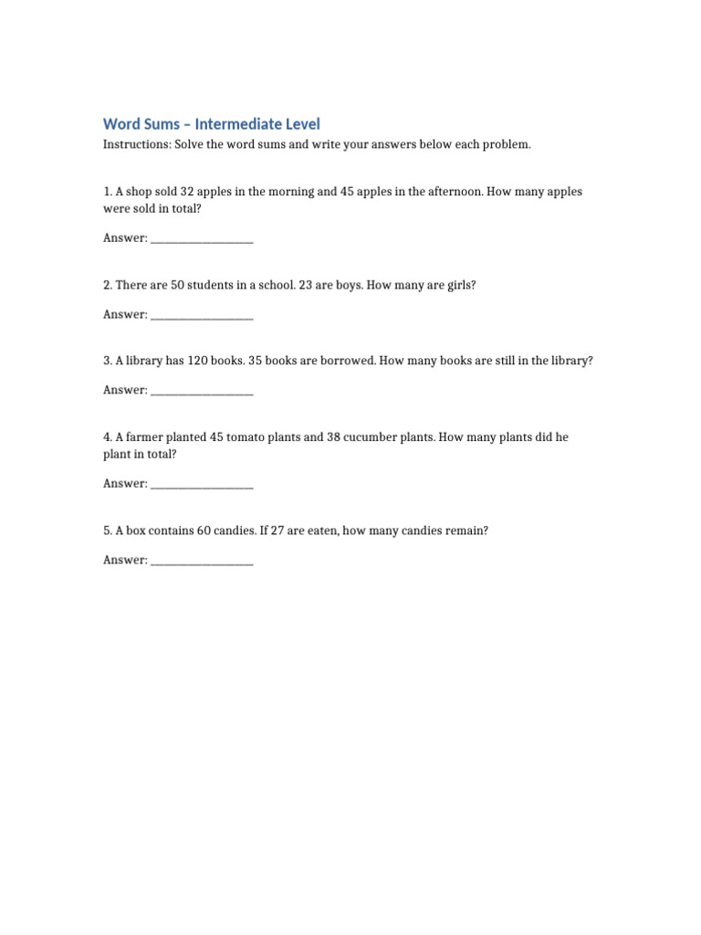 Intermediate Word Sums Practice | PDF