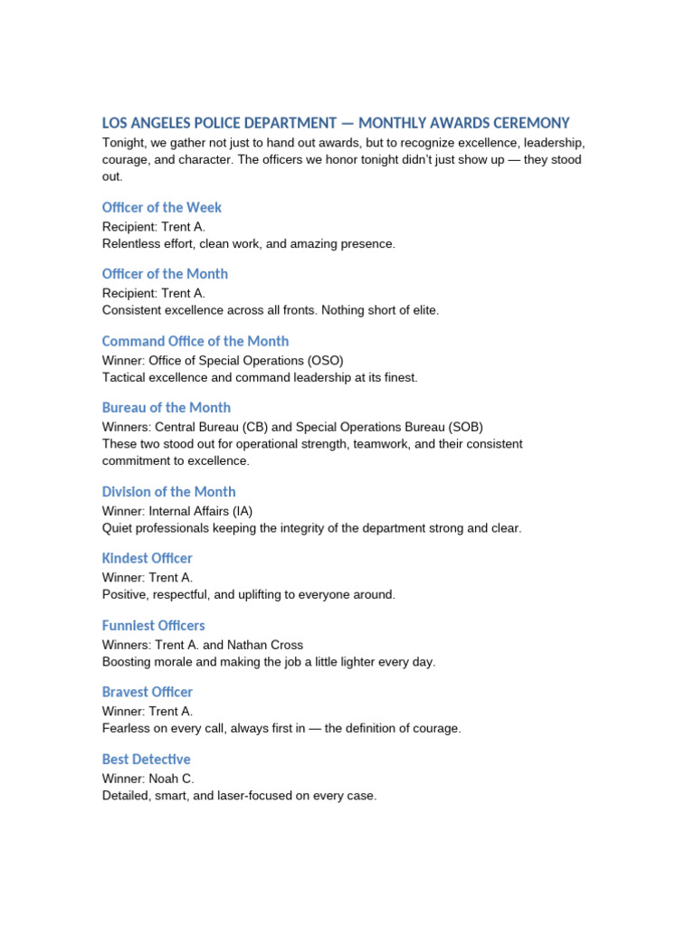 LAPD Monthly Awards Highlights | PDF | Los Angeles Police Department