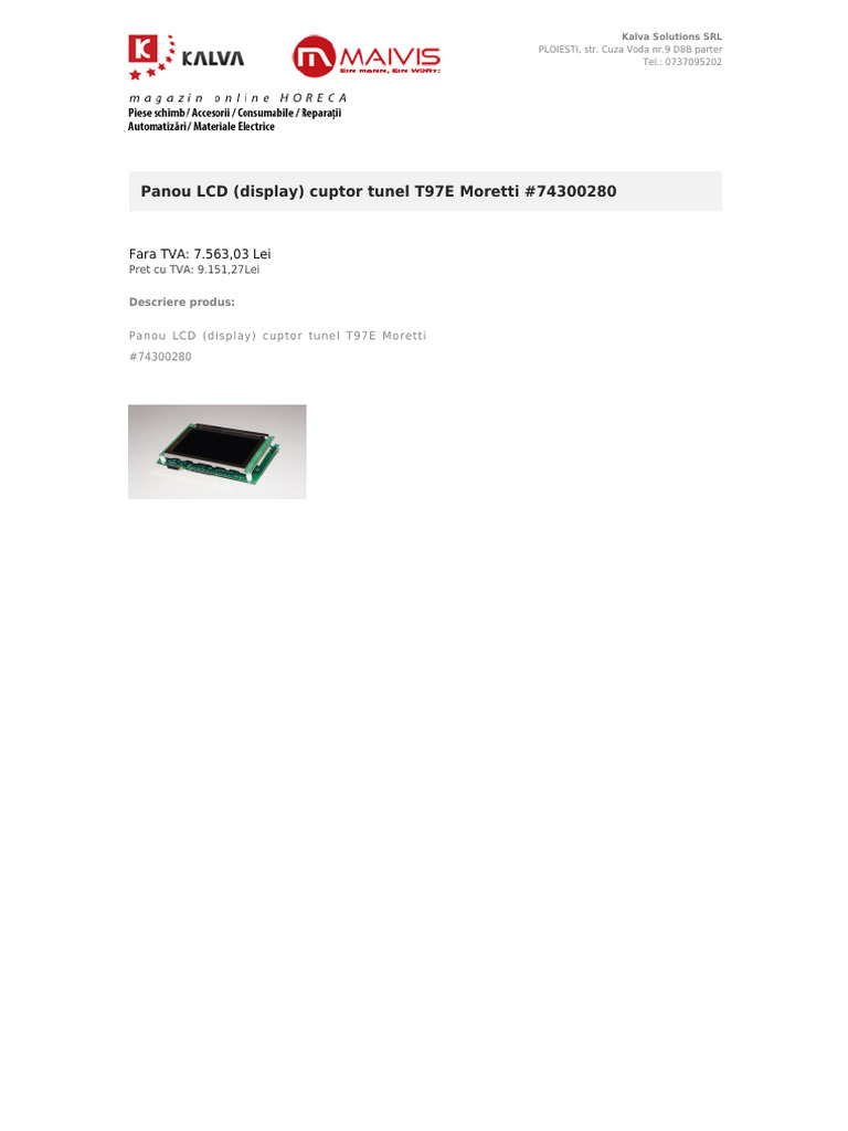 Panou LCD (Display) Cuptor Tunel T97E Moretti #74300280 | PDF