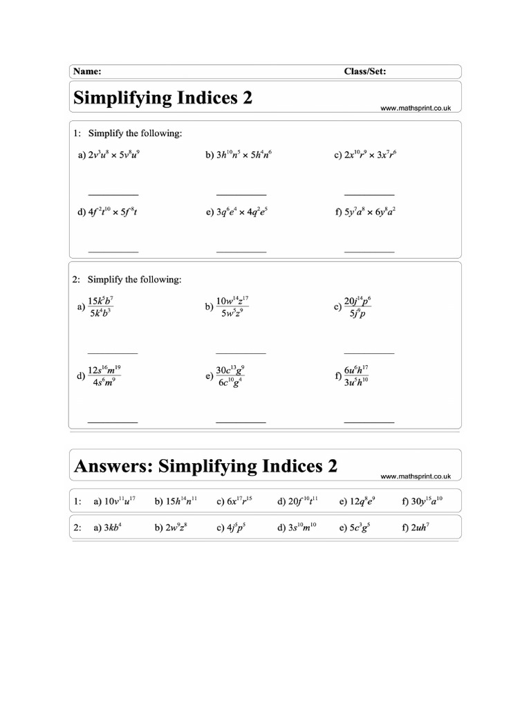 Simplyfying Indices Worksheet by at Grdae-7 | PDF
