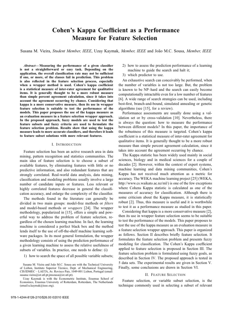 Cohens Kappa Coefficient As A Performance Measure For Feature Selection | PDF | Statistical ...