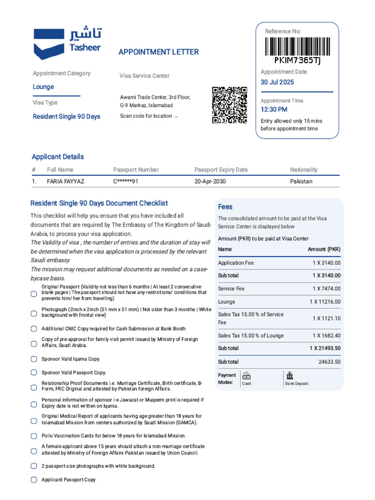 Tasheer Visa Appointment Details | PDF | Travel Visa | Passport