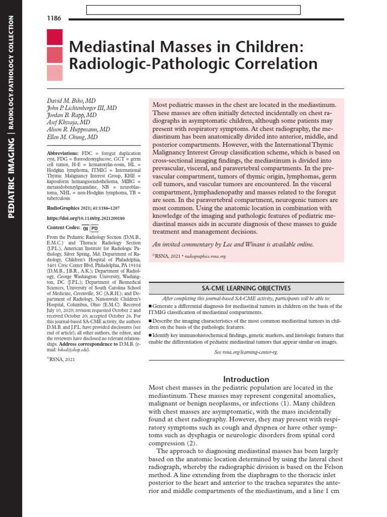 Biko Et Al 2021 Mediastinal Masses in Children Radiologic Pathologic Correlation | PDF | Thymus ...