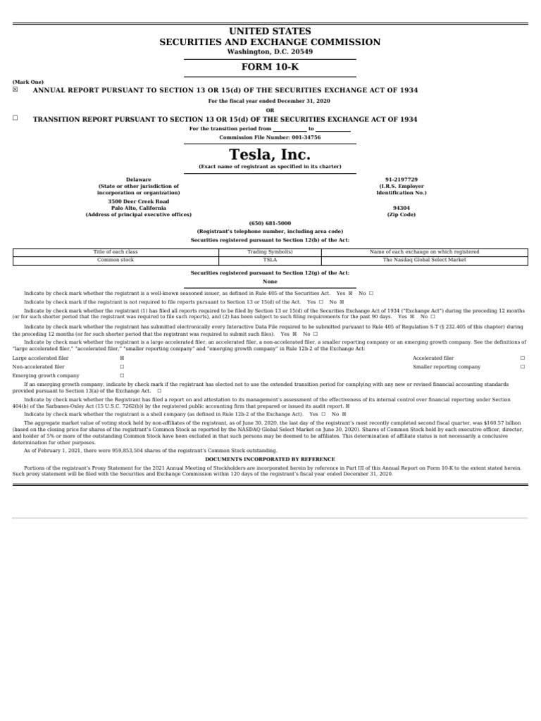 Tesla 10k 2020 Essentials | PDF | Form 10 K | Equity (Finance)