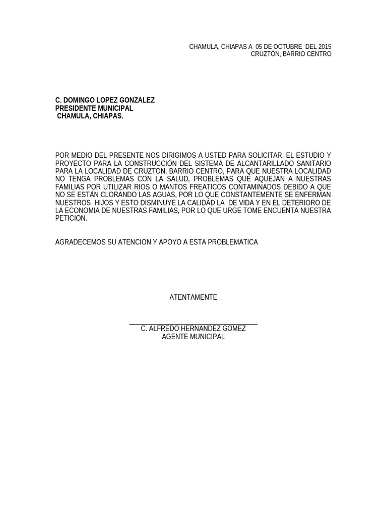 Solicitud de Alcantarillado en Cruztón | PDF