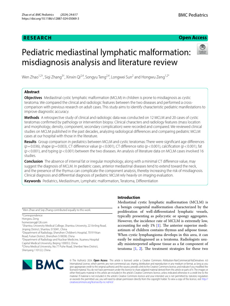 Pediatric Mediastinal Lymphatic Malformation Analysis | PDF | Radiology ...