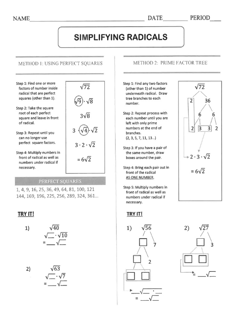 Simplifying Radicals Blank | PDF