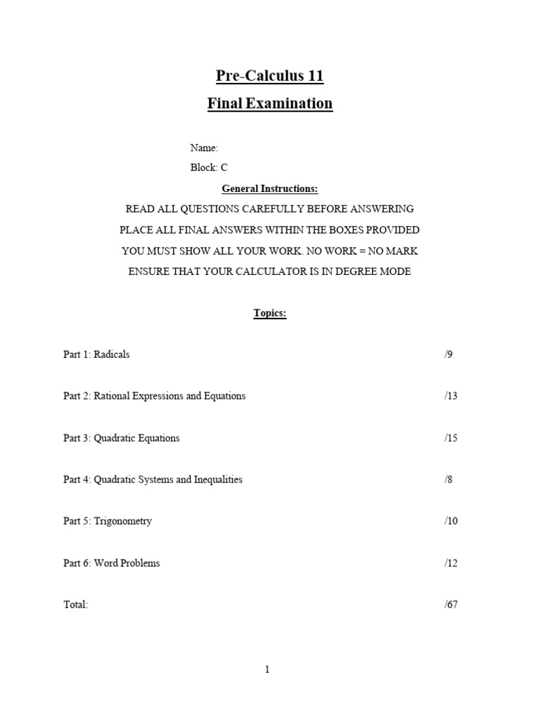 Pre-Calculus 11 Final Exam Guide | PDF | Trigonometry | Quadratic Equation