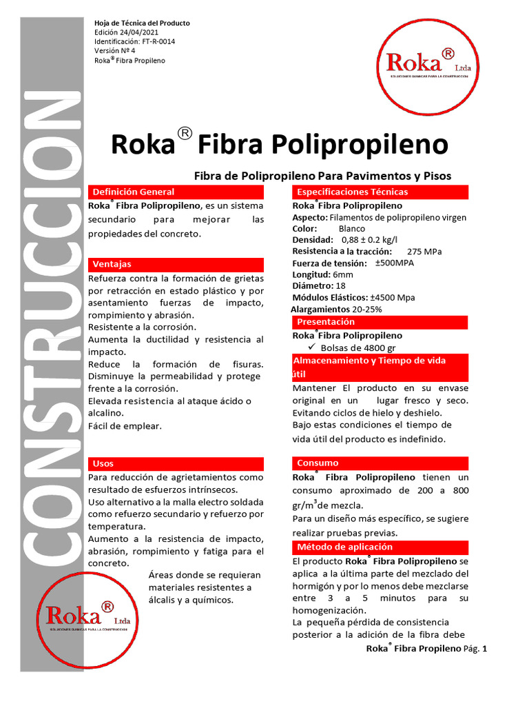 FT-R-0014 Roka Fibra Polipropileno | PDF | Hormigón | Resistencia a la ...