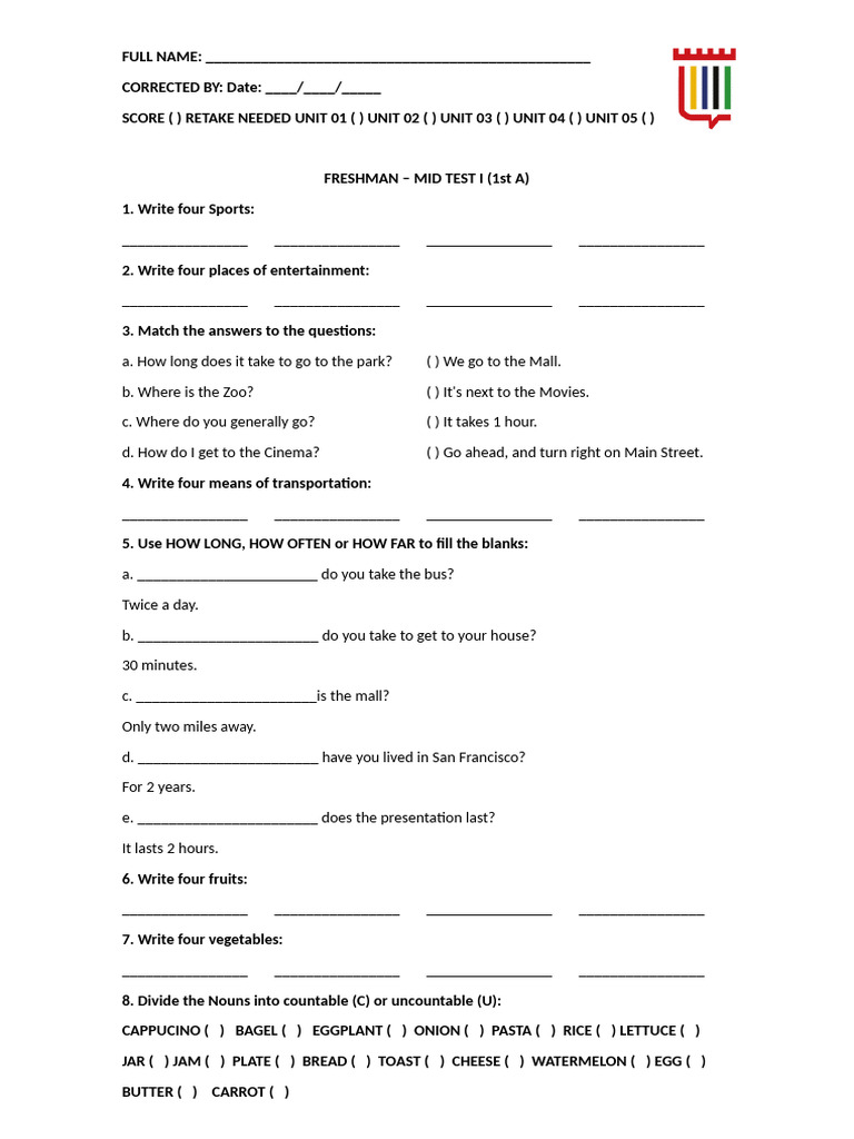 Freshman Mid Test I: English Assessment | PDF