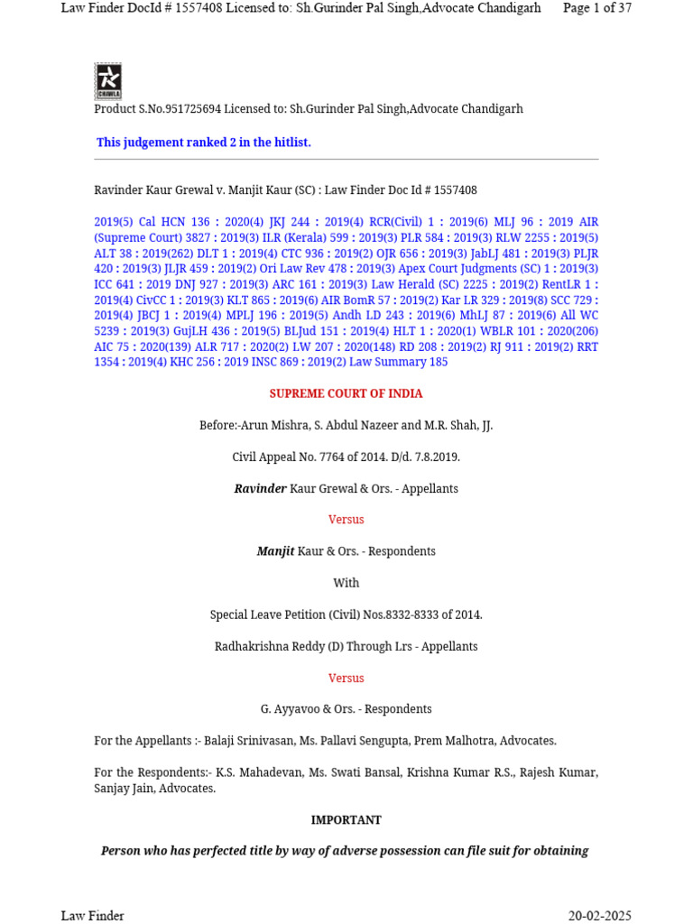 Ravinder Kaur Grerwal Vs Manjit Kaur | PDF | Leasehold Estate | Lawsuit