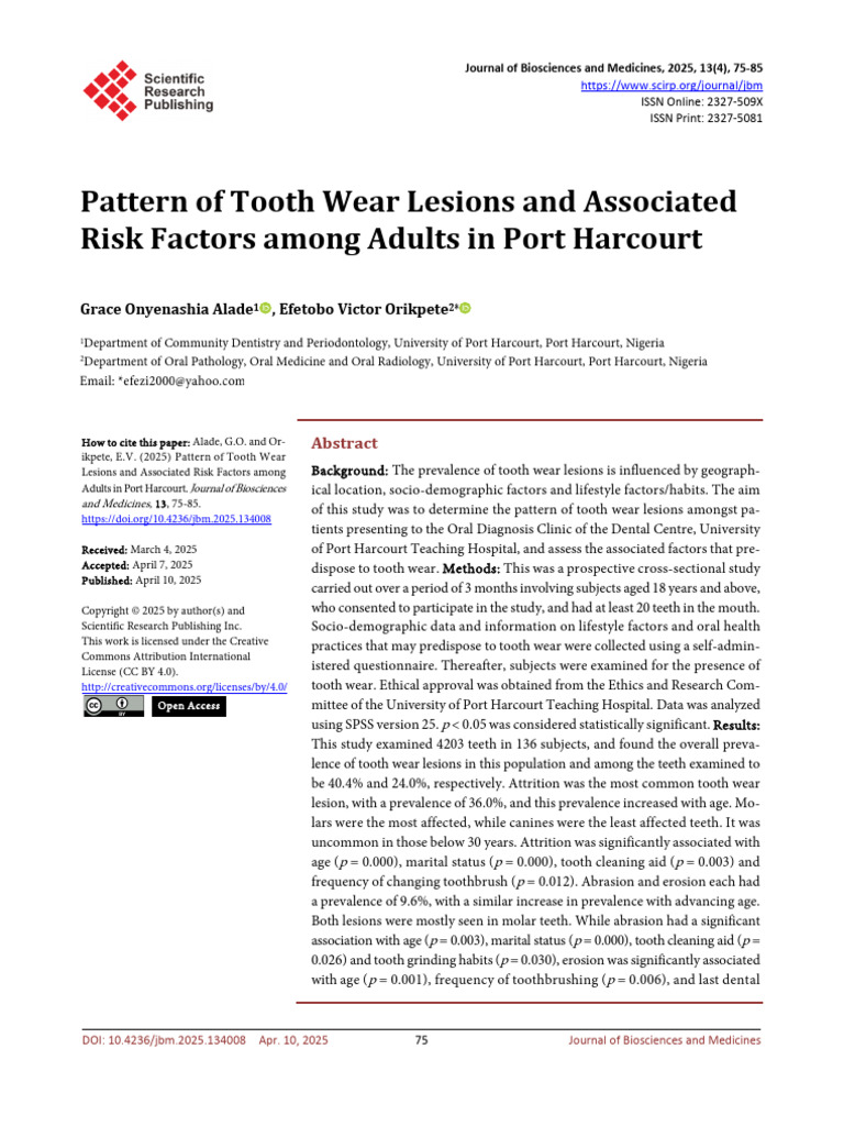 Tooth Wear Patterns in Port Harcourt Adults | PDF | Tooth | Toothbrush