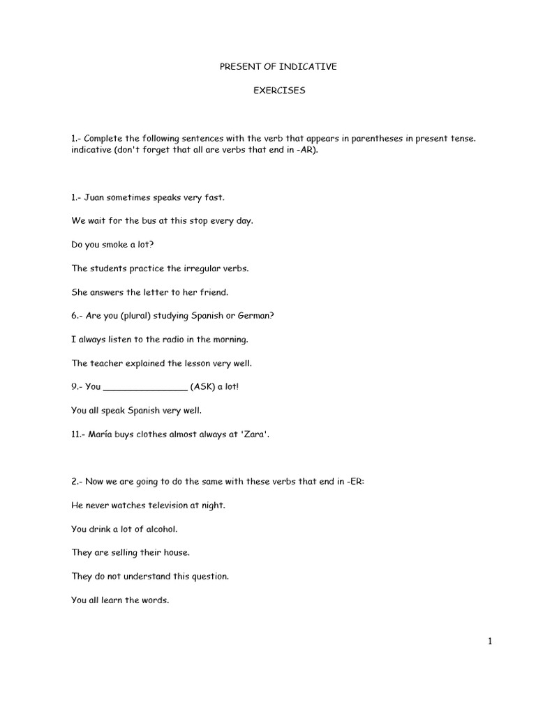 Present Indicative. Exercises | PDF | Spanish Language | Languages
