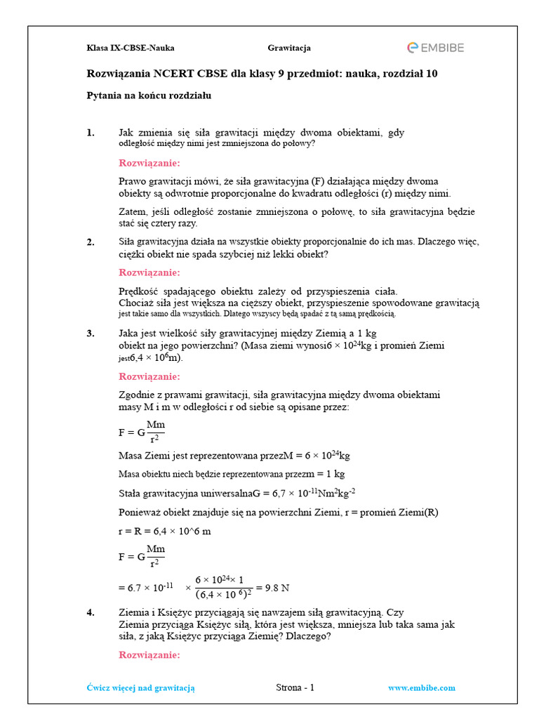 G9 NCERT Grawitacja | PDF