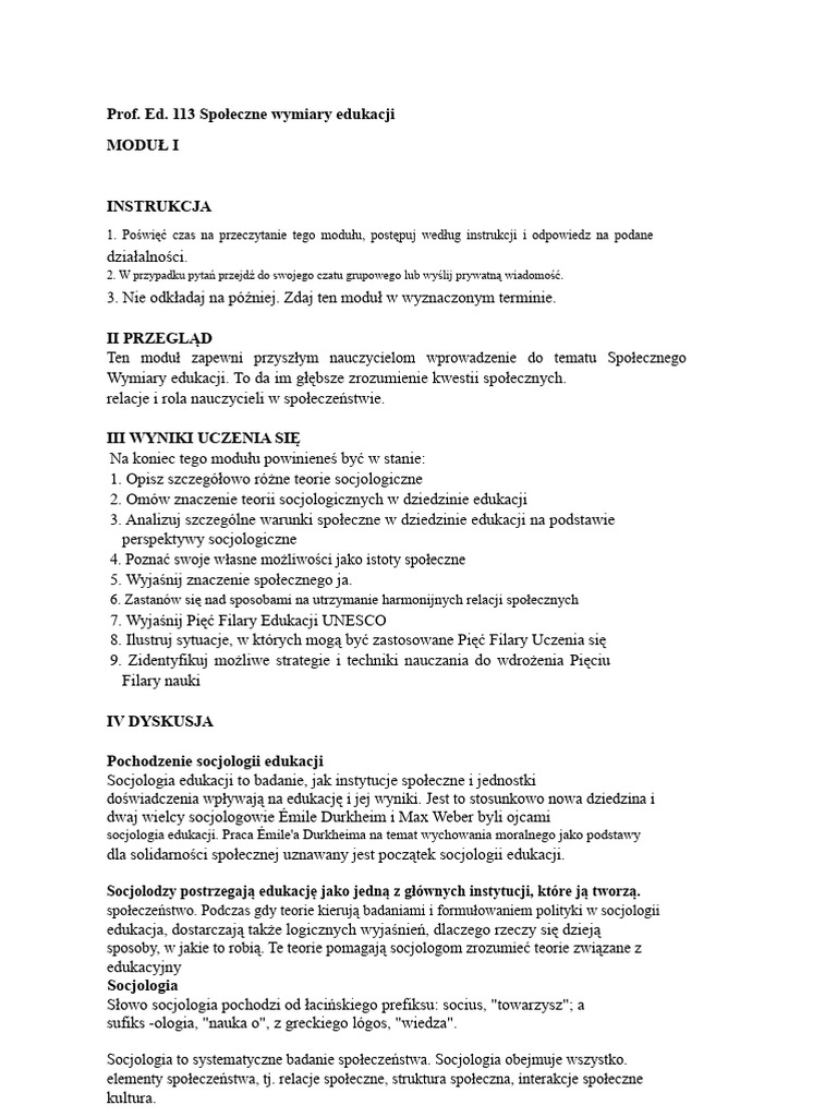 Moduł 1: Wymiary Społeczne | PDF