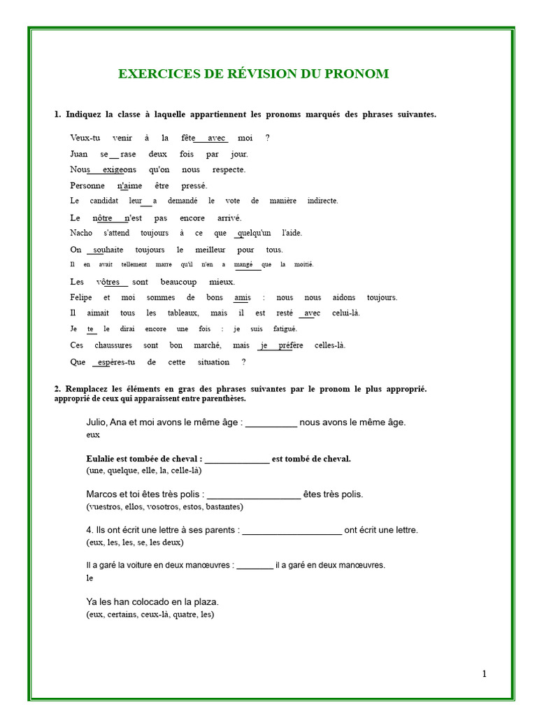 Exercices de Révision Du Pronom: Le Candidat Leur A Demandé Le Vote de ...
