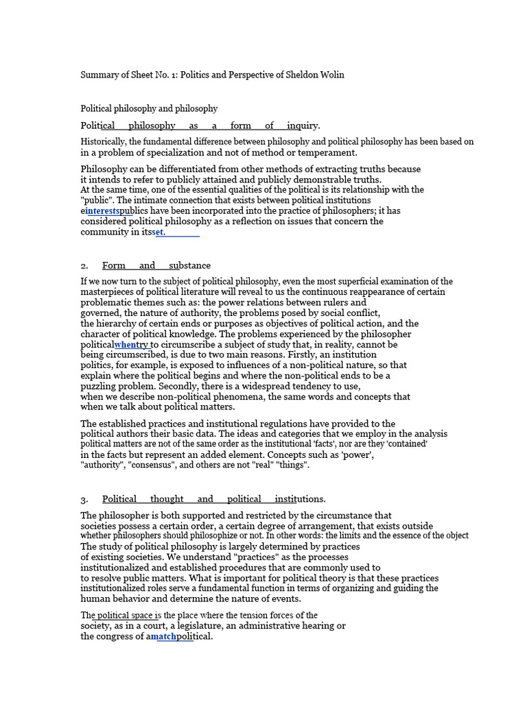 Summary Sheet No. 1 - Politics and Perspective - Sheldon Wolin | PDF ...