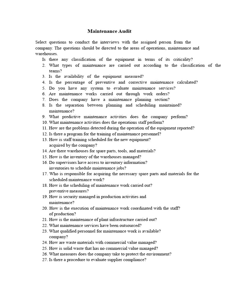 Maintenance Audit Interview Questions | PDF | Audit | Business